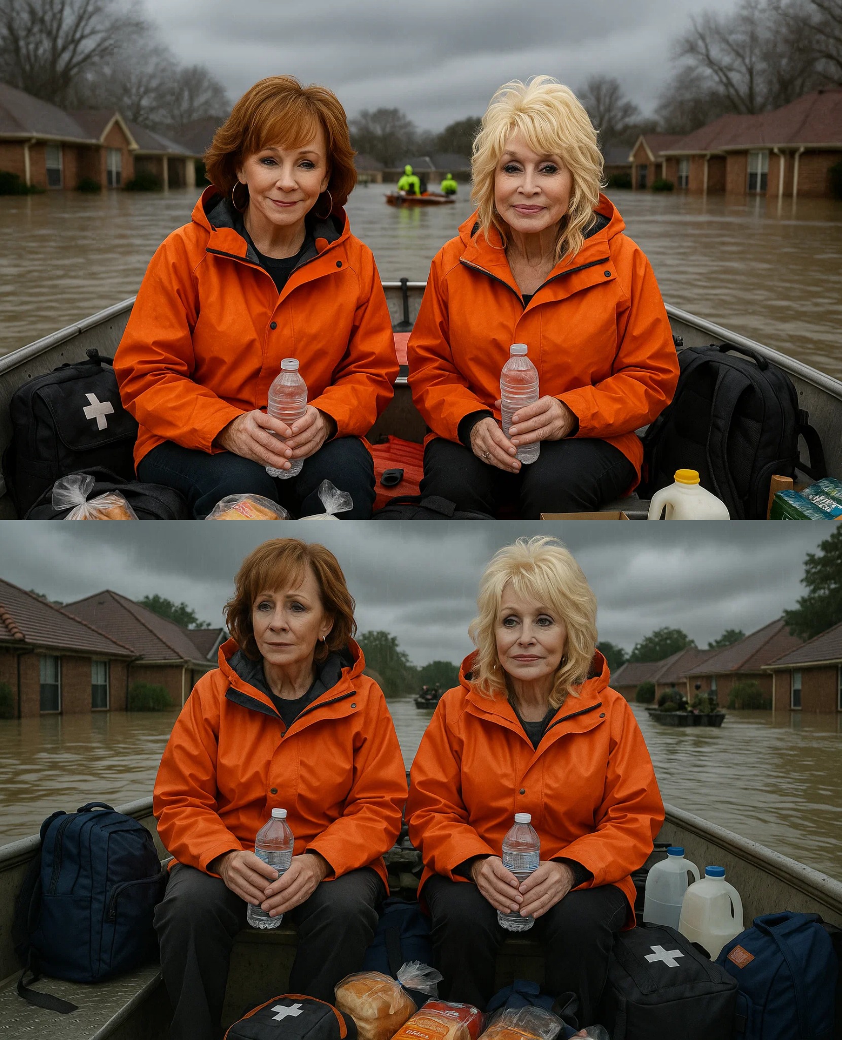 Reba McEntire leaned against a truck stacked with relief supplies, her ...