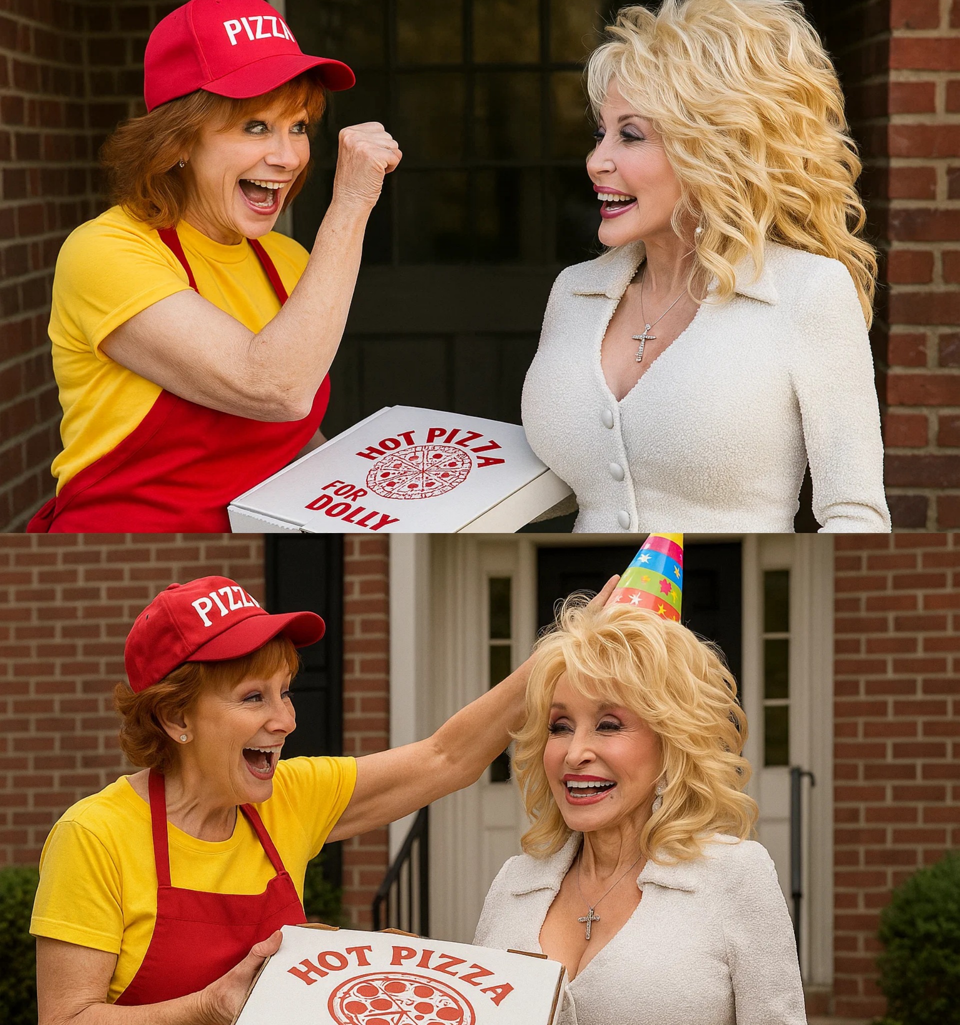 Reba McEntire dressed up as a pizza delivery woman to throw Dolly ...